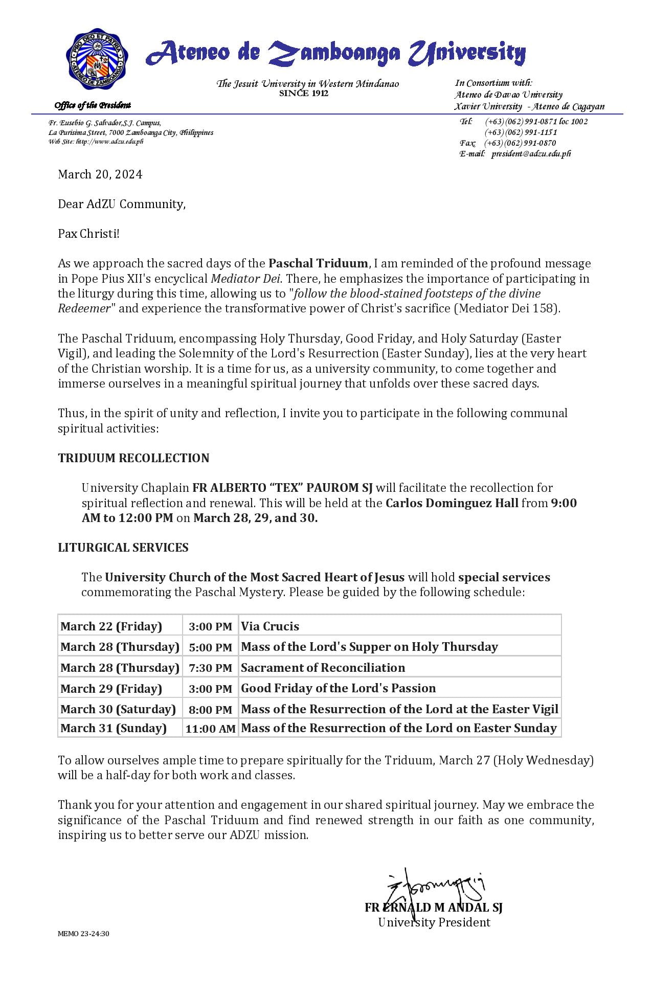 Paschal Triduum Schedule - Ateneo de Zamboanga University
