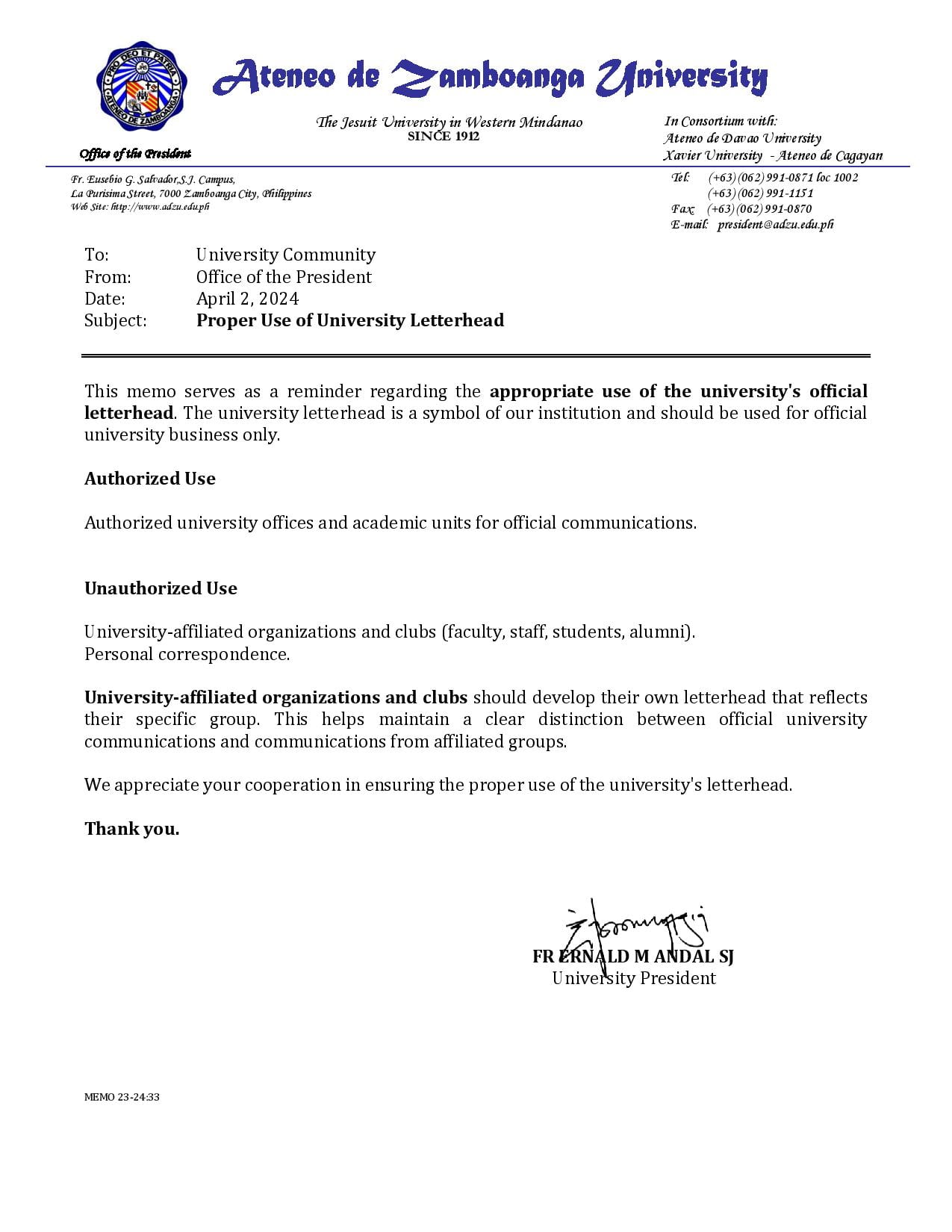 Proper Use of University Letterhead - Ateneo de Zamboanga University