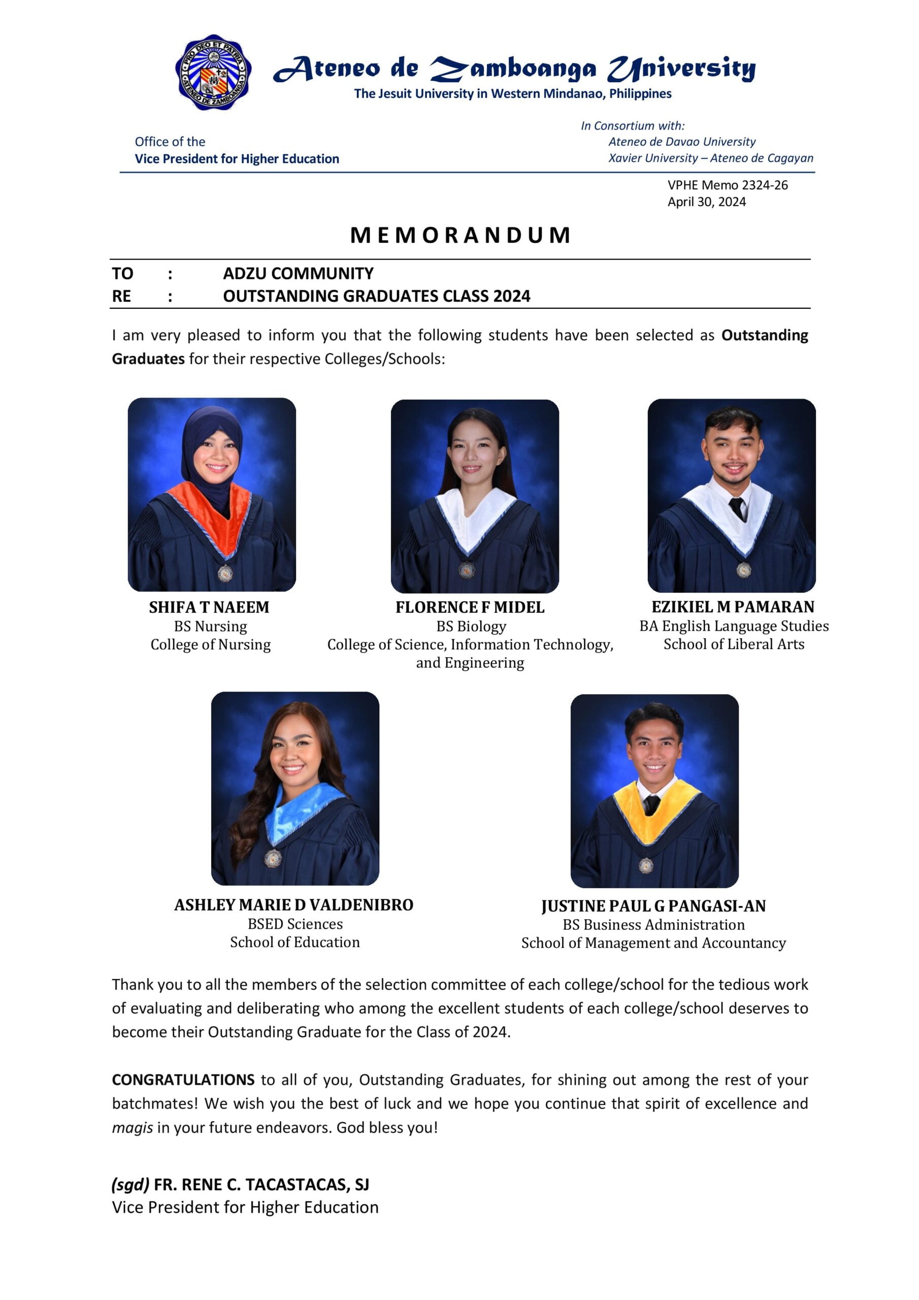 Outstanding Graduates of Class of 2024 - Ateneo de Zamboanga University