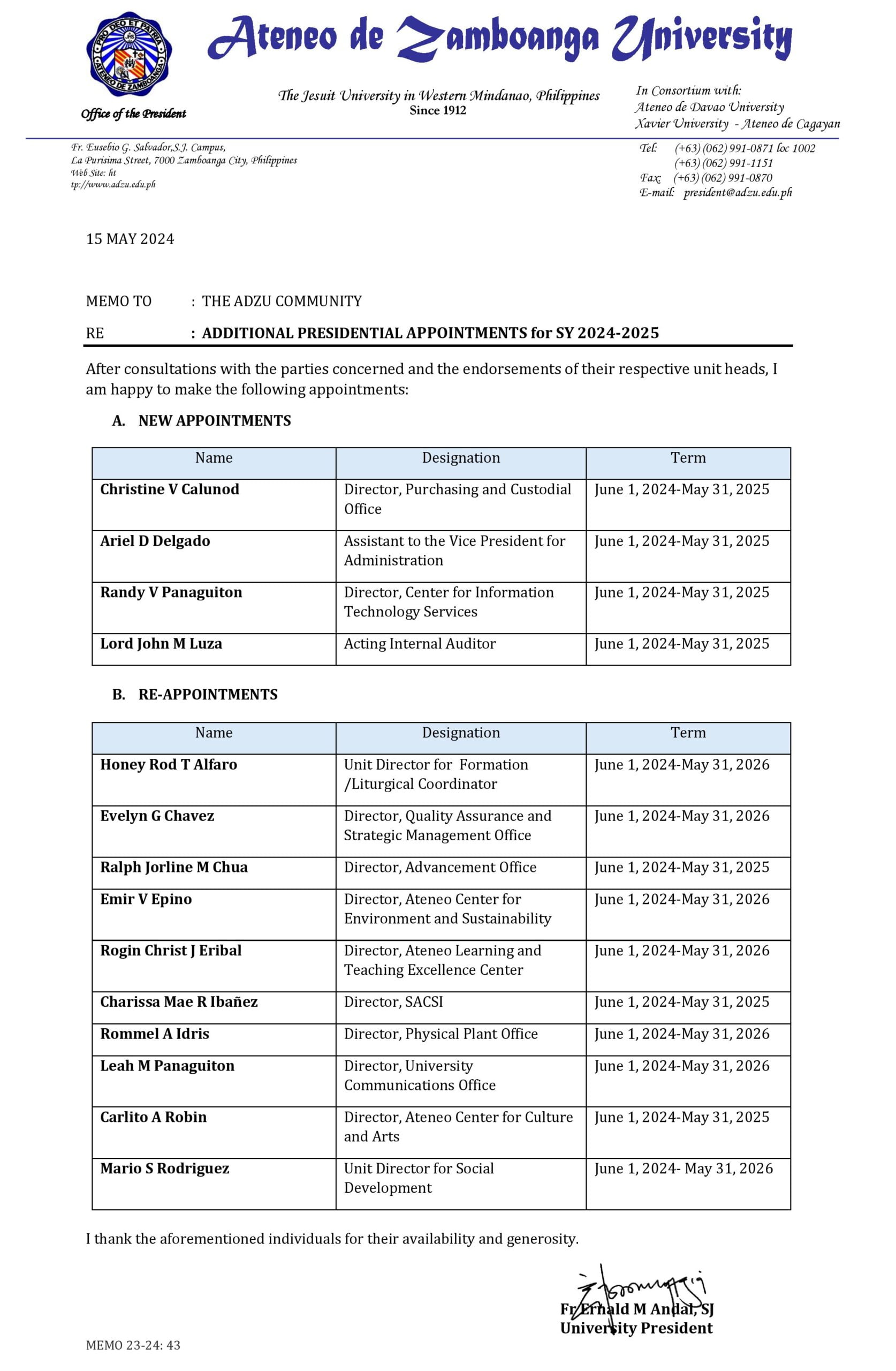 Additional Presidential Appointments for SY 2024-2025 – Ateneo de ...