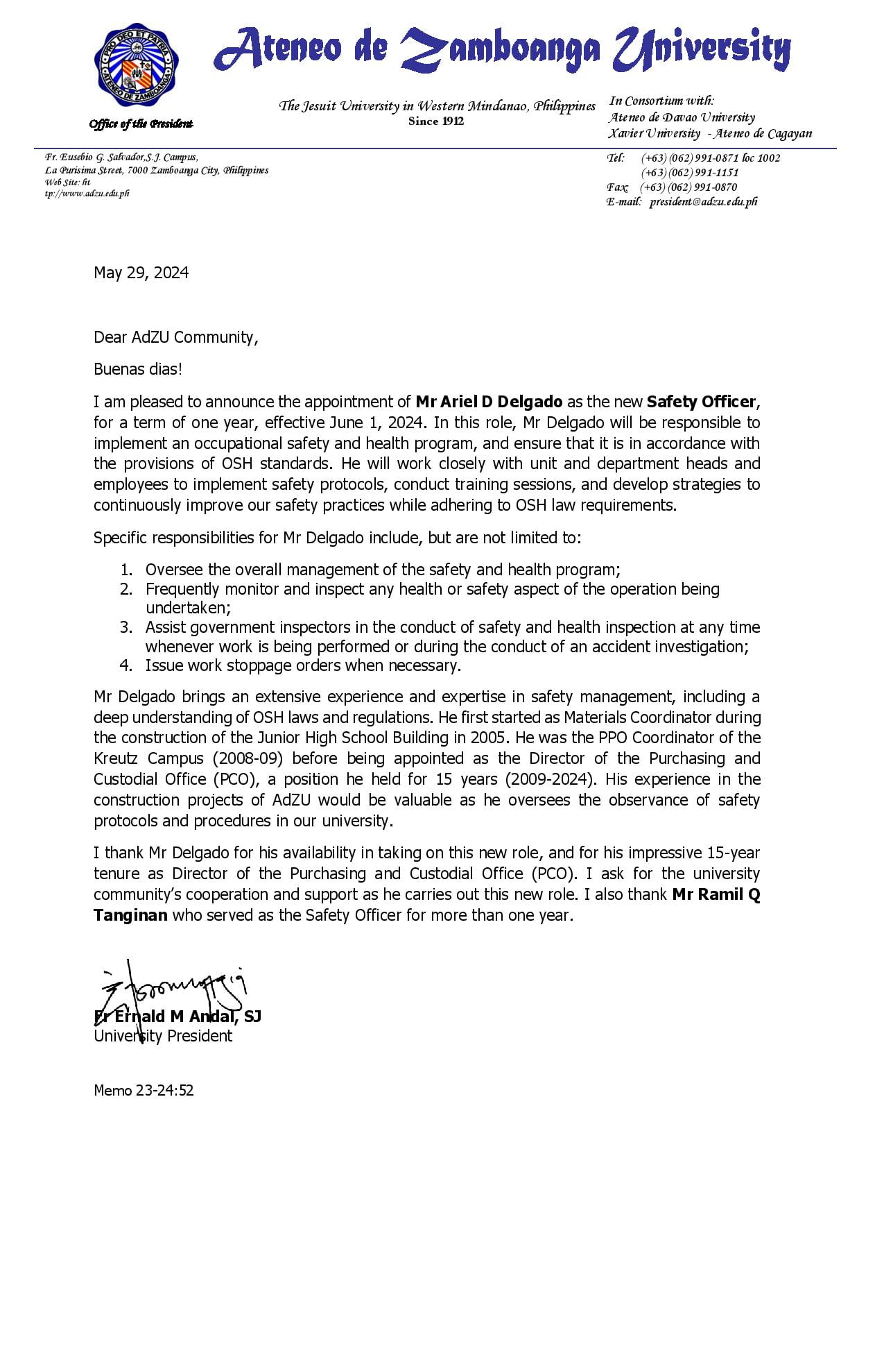 Appointment- New Safety Officer – Ateneo de Zamboanga University Appointment- New Safety Officer – Ateneo de Zamboanga University