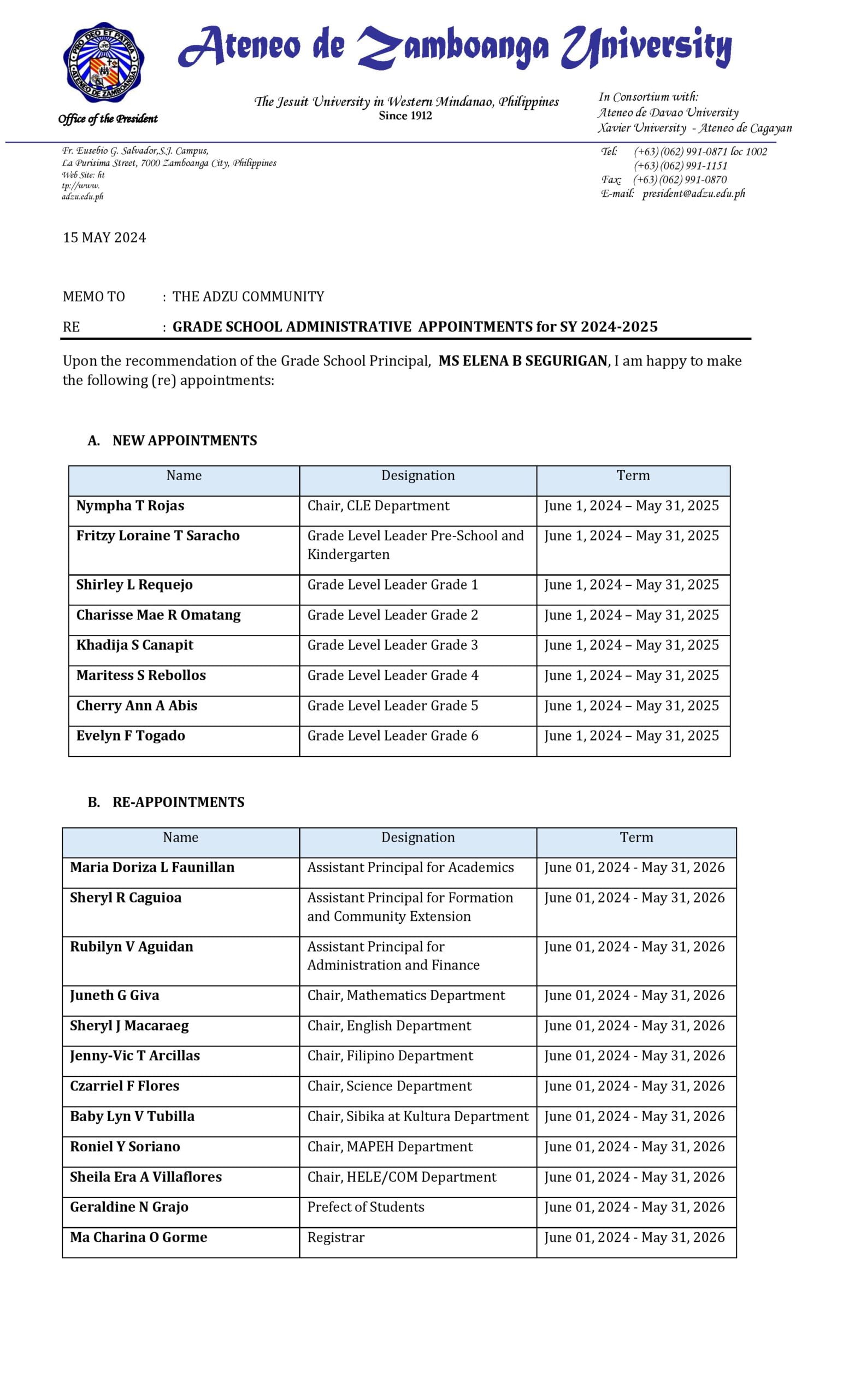 Grade School Administrative Appointments for SY 2024-2025 - Ateneo de ...