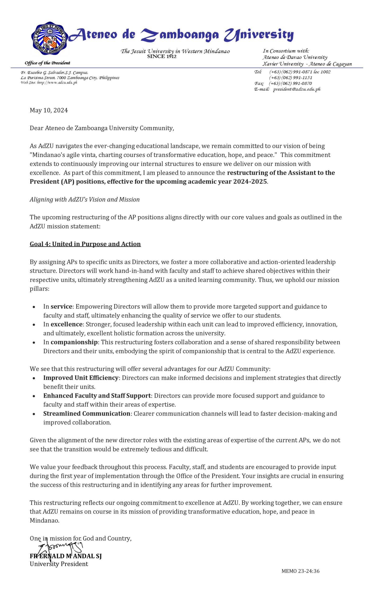 Restructuring of Assistant to the President Positions - Ateneo de ...