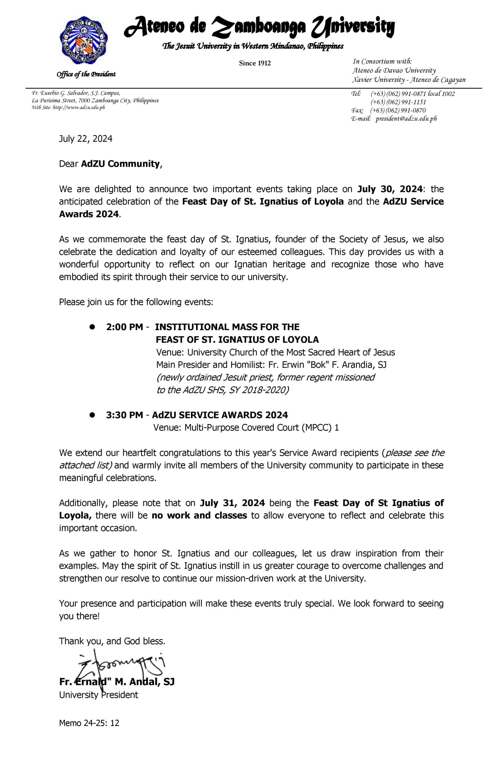 Feast of St Ignatius Mass and AdZU Service Awards 2024 – Ateneo de ...