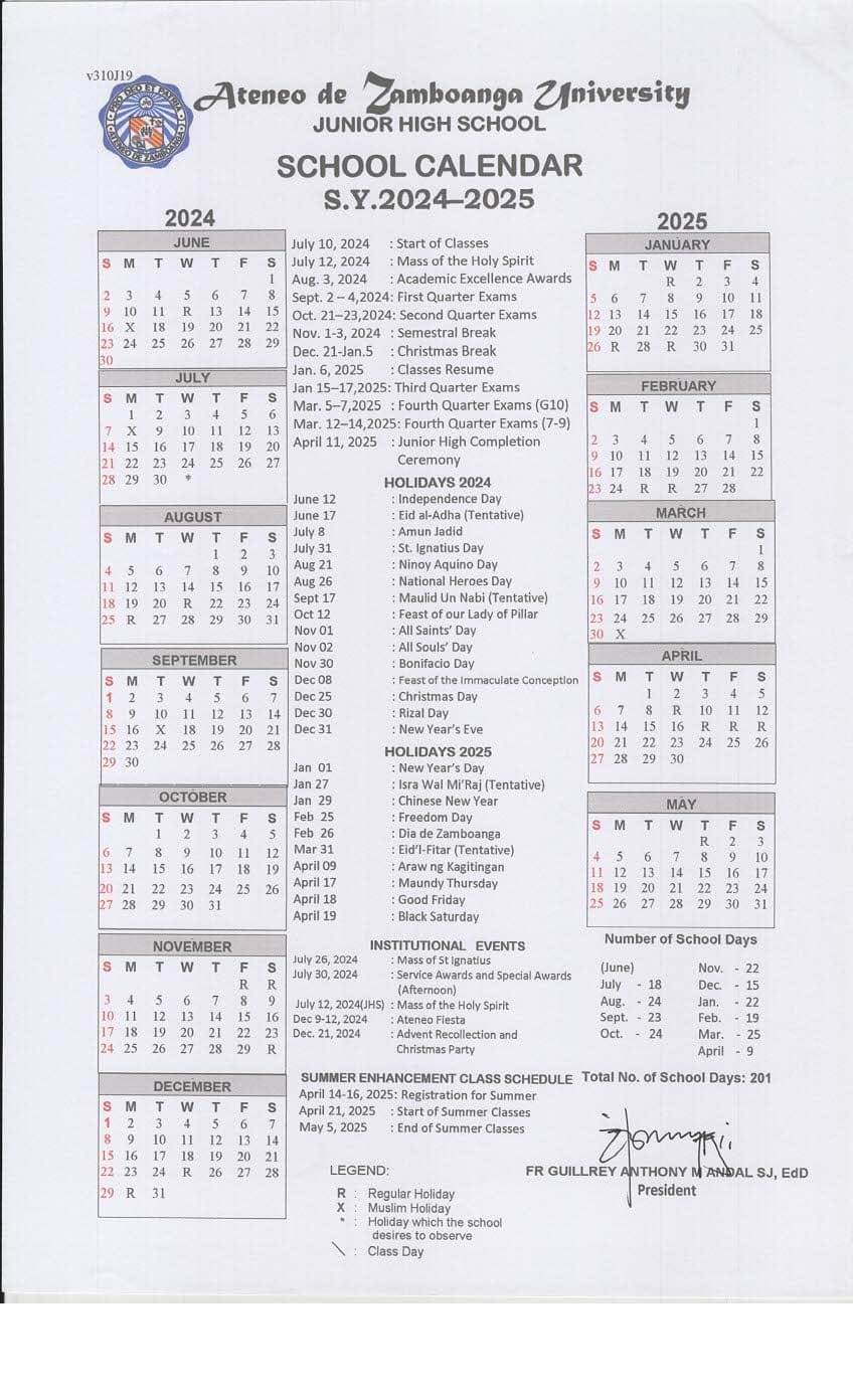 Academic Calendar for Junior High School – Ateneo de Zamboanga University