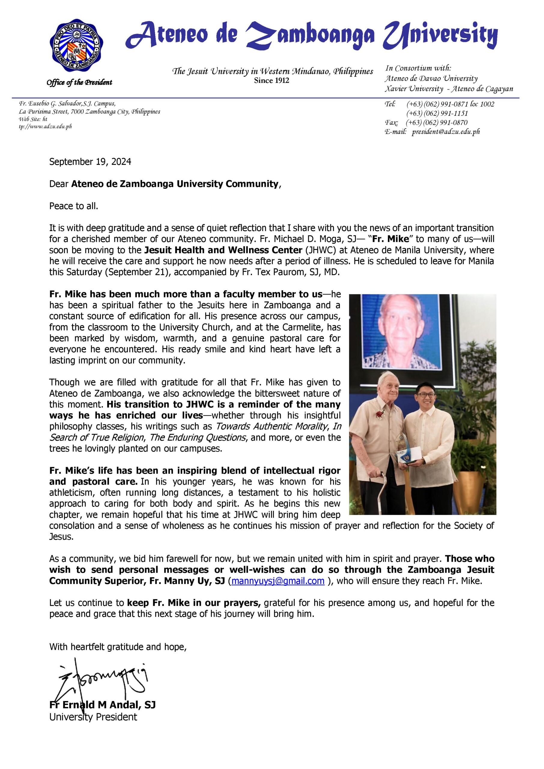 [President's Letter to the Community] Fr Michael Moga's Transition to ...