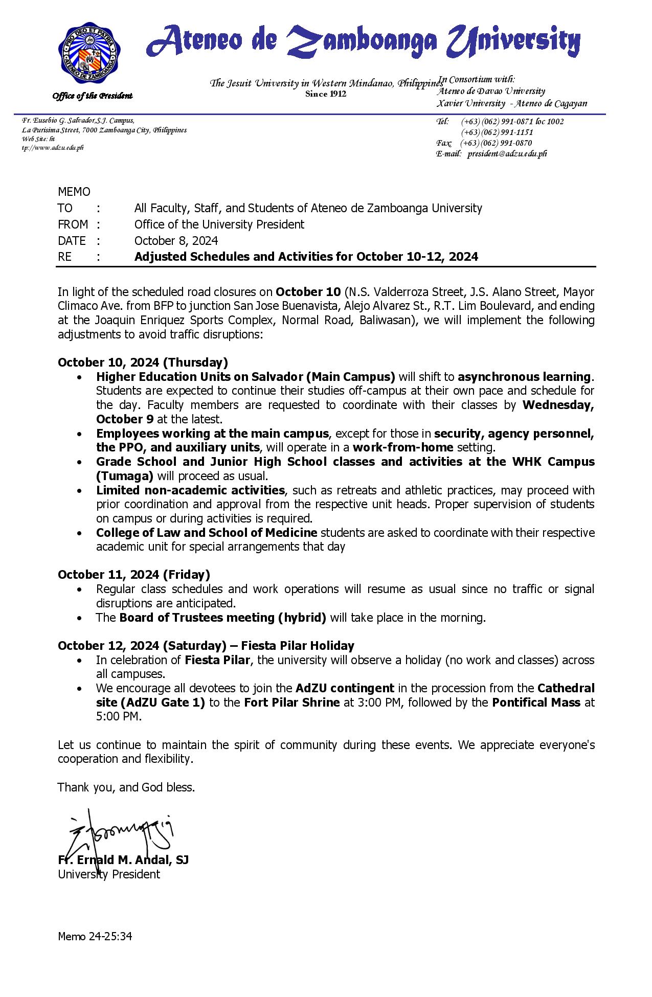 Adjusted Schedule and Activities for October 10-12, 2024 – Ateneo de ...