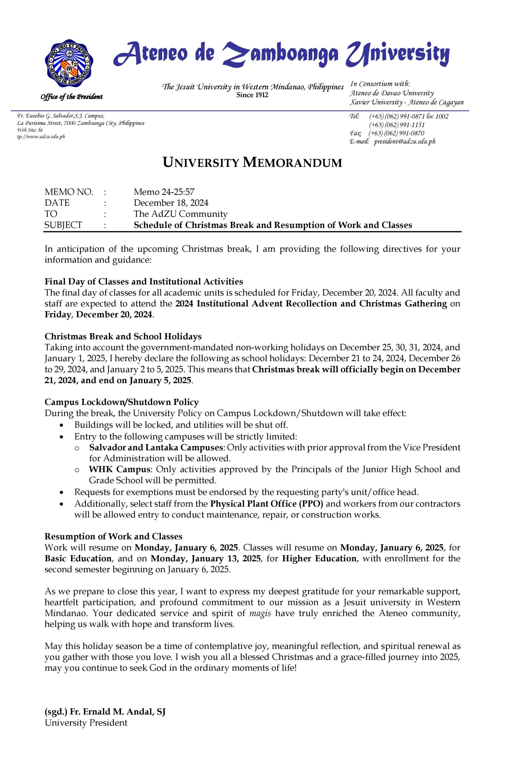 Schedule of Christmas Break and Resumption of Work and Classes - Ateneo ...