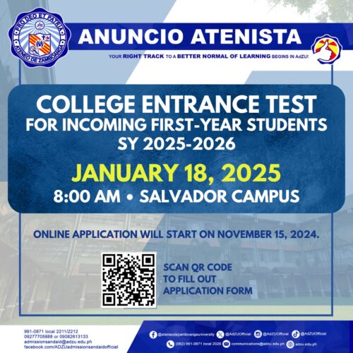 AdZU College Entrance Testing Date - Ateneo de Zamboanga University