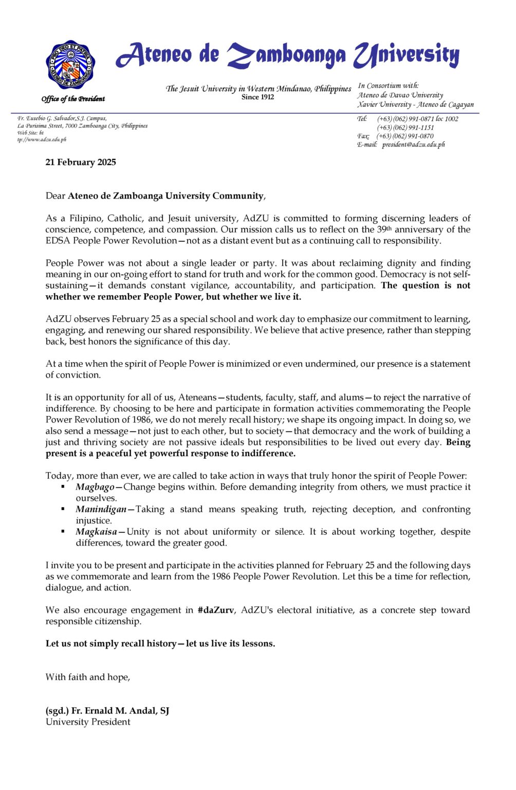 Letter to the AdZU Community - Ateneo de Zamboanga University