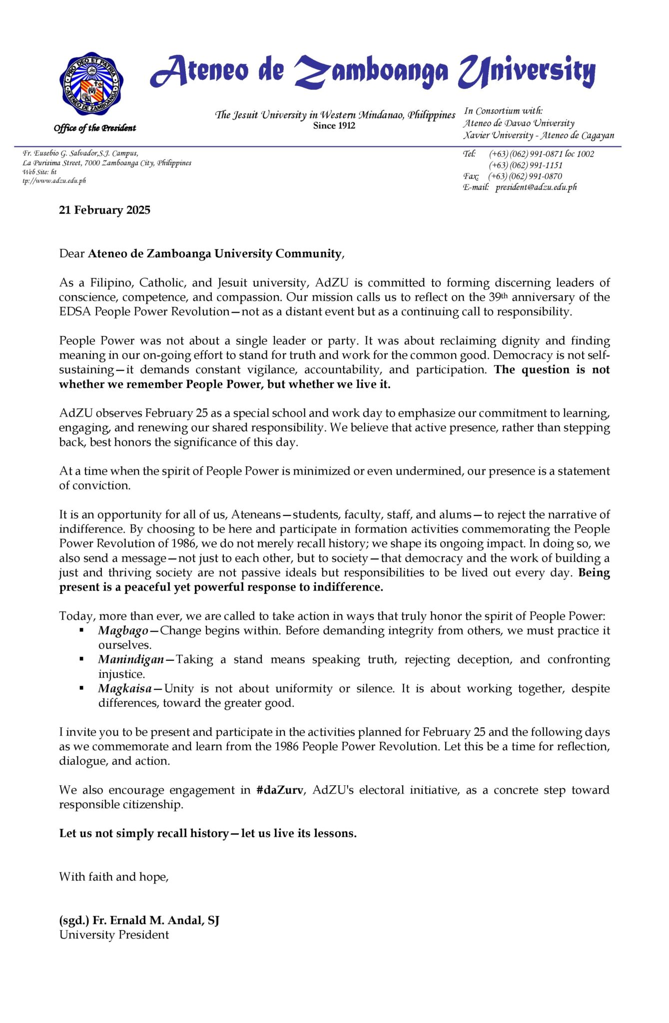 Letter to the AdZU Community - Ateneo de Zamboanga University