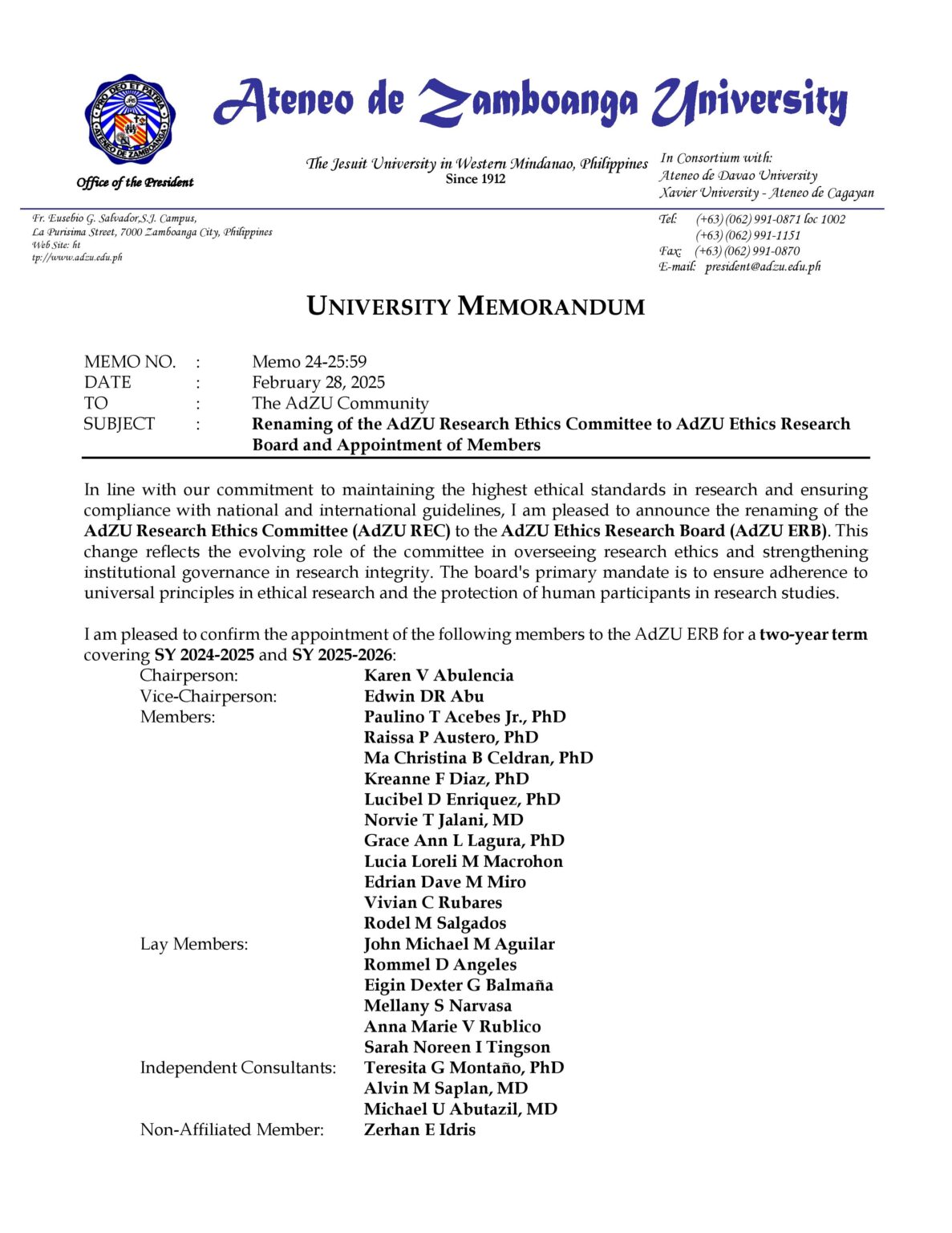 Renaming of the AdZU Research Ethics Committee to AdZU Ethics Research ...