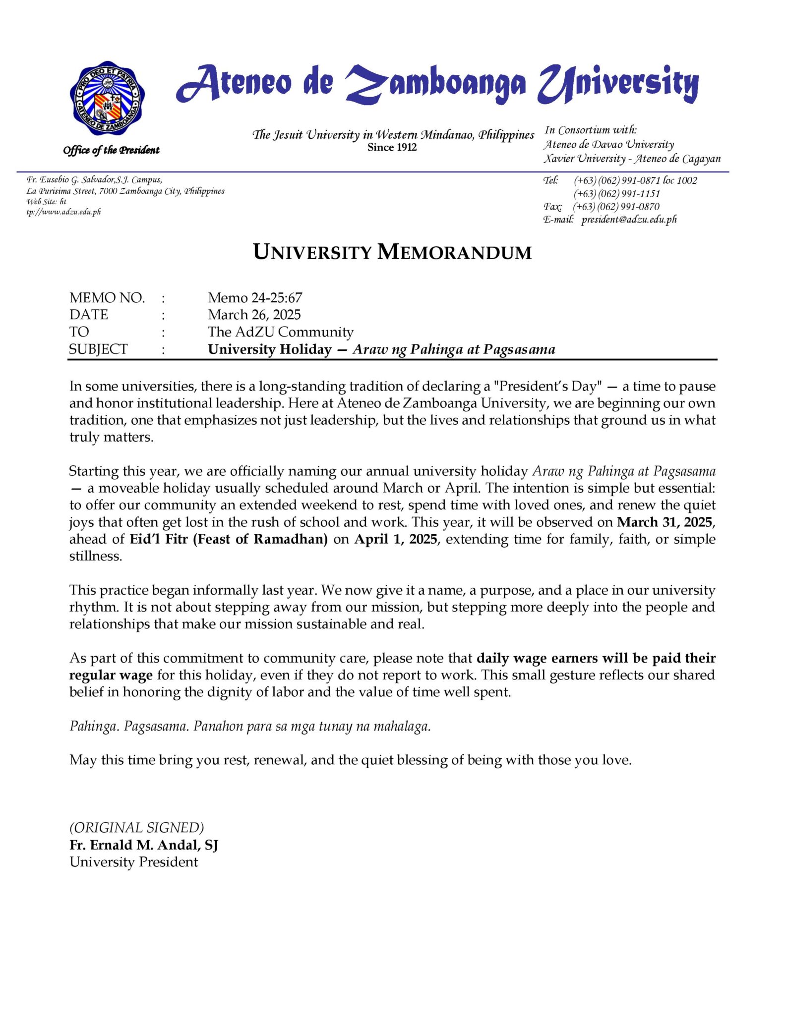 University Holiday - Araw ng Pahinga at Pagsasama - Ateneo de Zamboanga ...